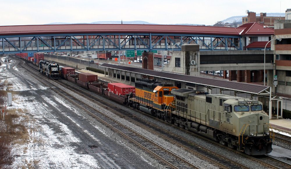 An Eastbound stack train rolls through downtown Altoona